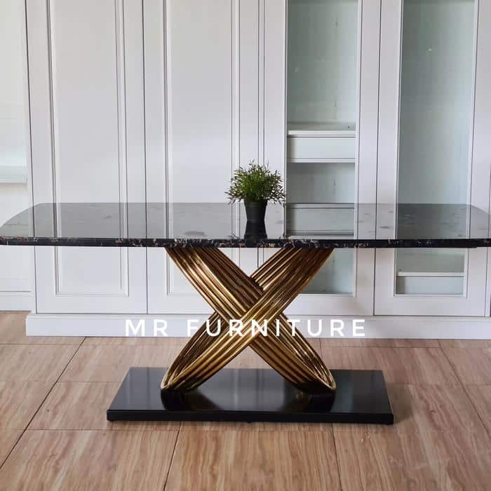 Dining Table Stainless Gold Elegan Top Marmer Hitam, Meja Makan ...