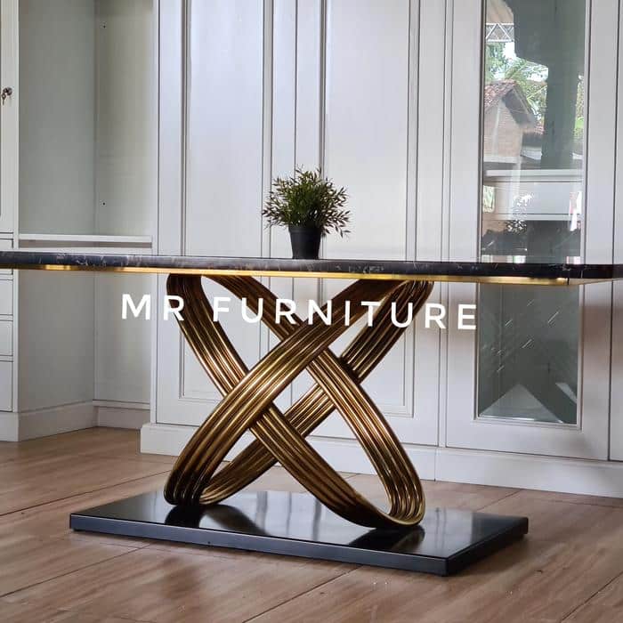 Dining Table Stainless Gold Elegan Top Marmer Hitam, Meja Makan ...