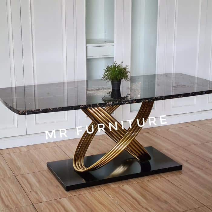 Dining Table Stainless Gold Elegan Top Marmer Hitam, Meja Makan ...