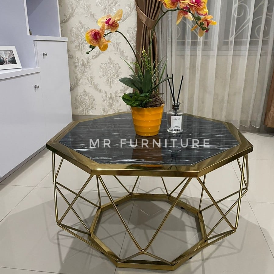 Meja Tamu Bulat Minimalis Stainless Gold, Tamu Meja Marmer Hitam Elegan ...
