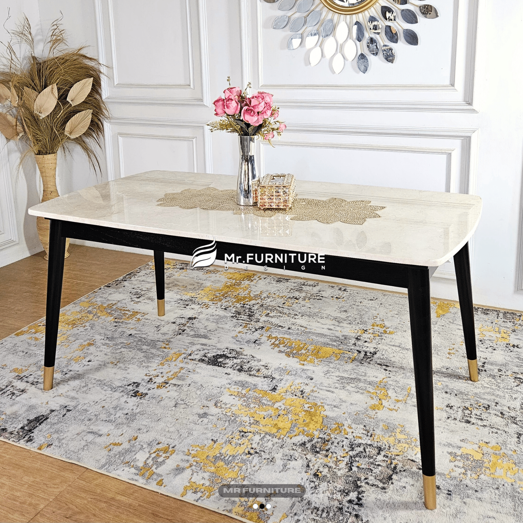 Meja Makan Kayu Modern Minimalis, Dining Table Marmer Krem Solid Wood Kotak
