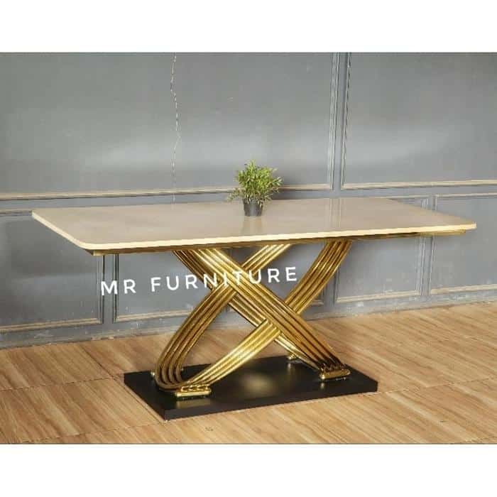Meja Makan Stainless Infinity Gold, Makan Meja Mewah Top Marmer Krem Modern