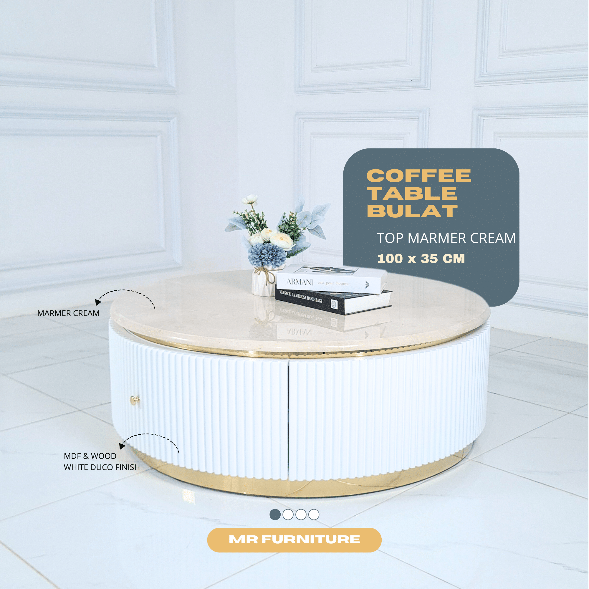 Coffee Table Bulat Salur Top Marmer Cream D. 100 Cm T. 35 Cm, Meja Tamu ...