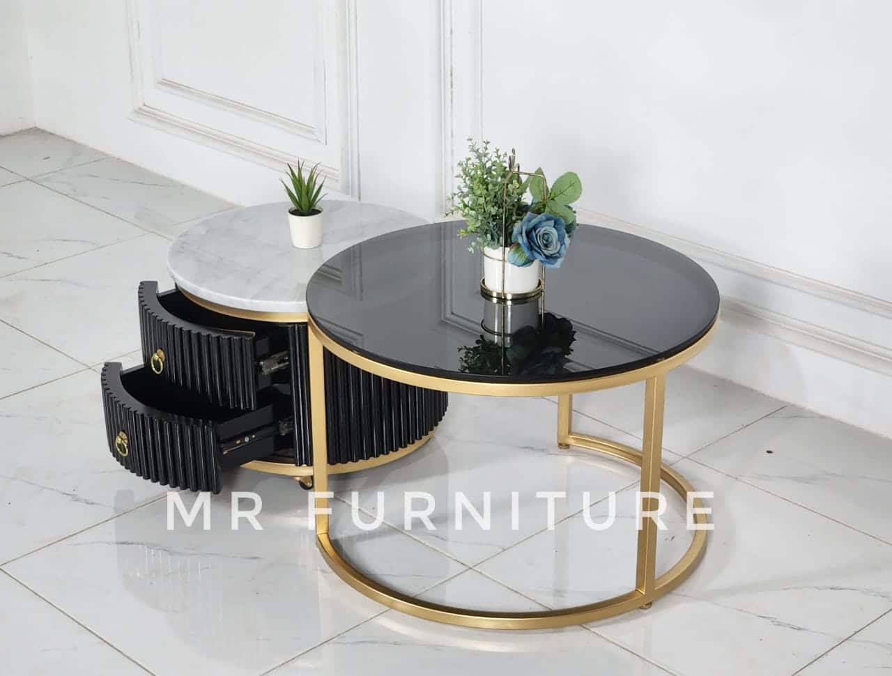 Meja Tamu Kaca dan Marmer Hitam Minimalis Salur, Coffe Table Bulat ...