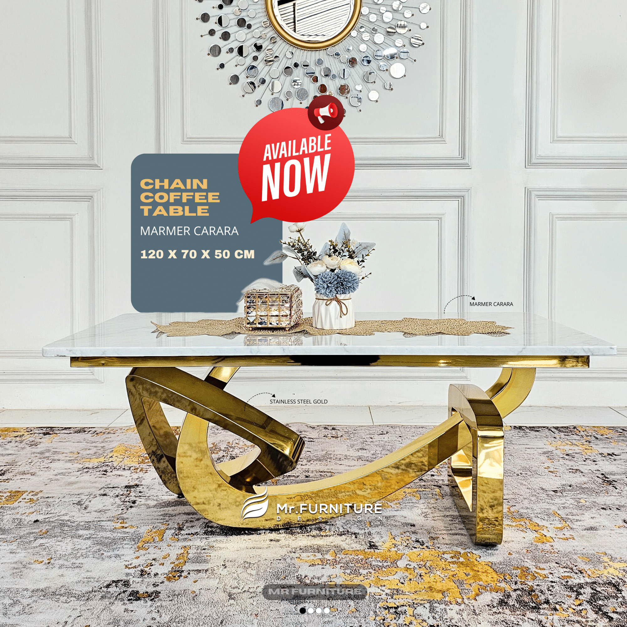 Coffee Table Chain Top Marmer Carrara Stainless Steel Gold 120 x 70 x ...