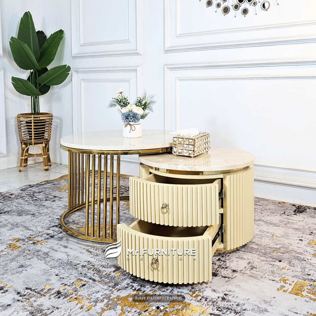 Coffee Table Nesting Salur Top Marmer Cream Stainless Steel Gold D. 55 ...
