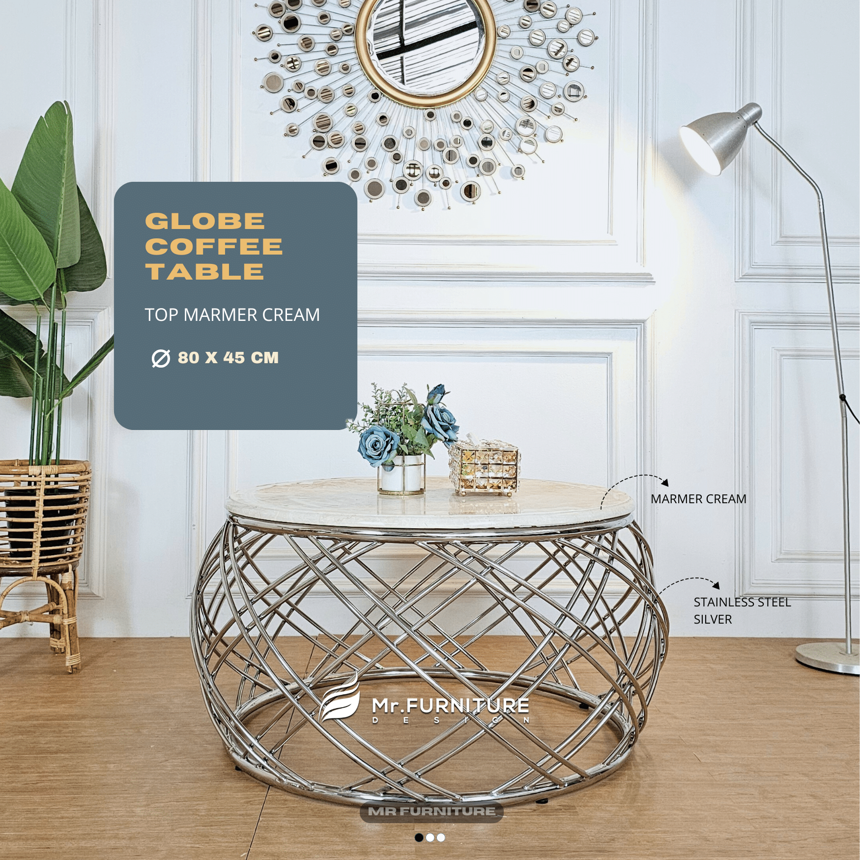 Coffee Table Top Marmer Cream Stainless Steel Silver D. 80 T. 45 Cm ...
