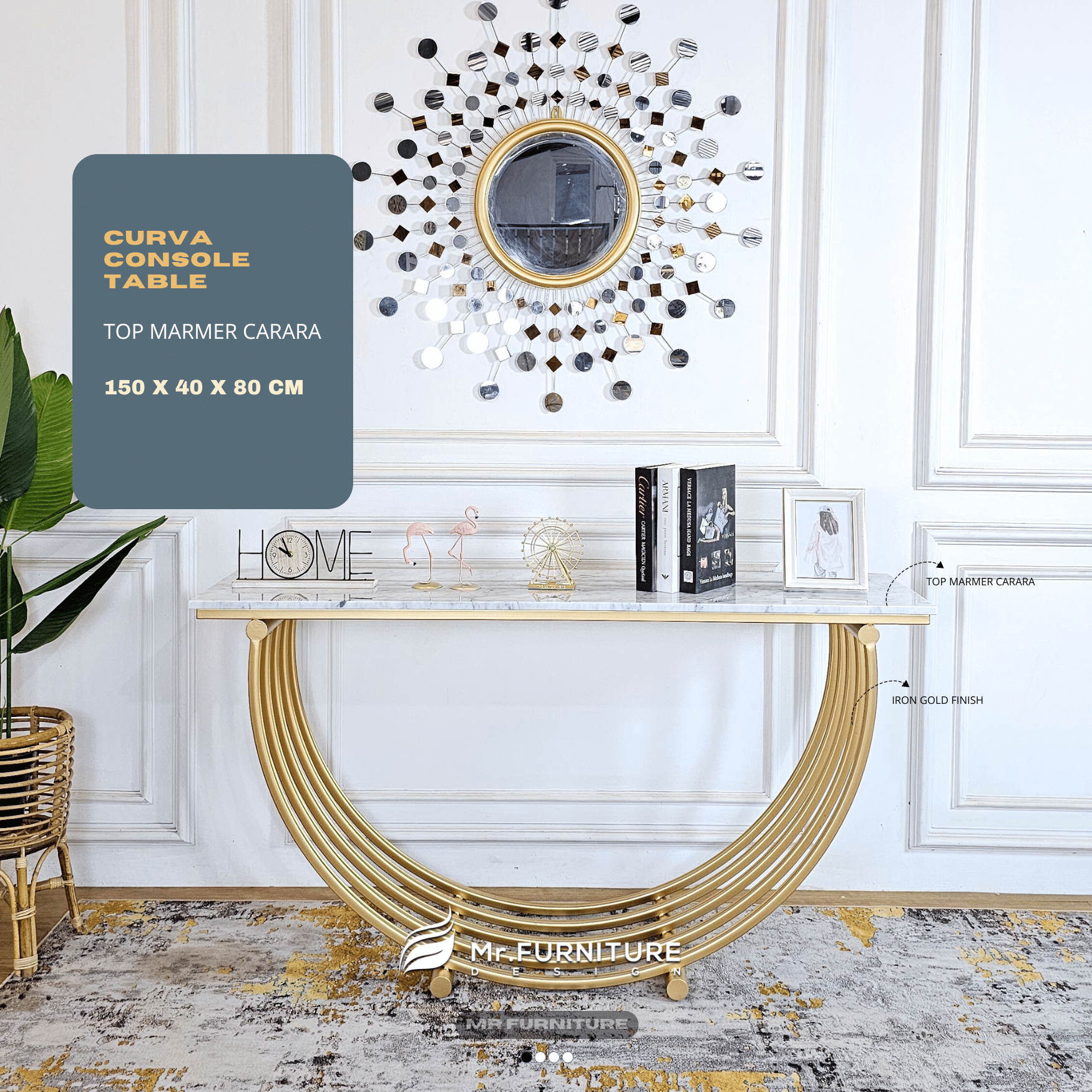 Console Table Curva Top Marmer Carrara 150 x 40 x 80 Cm, Meja Konsol ...