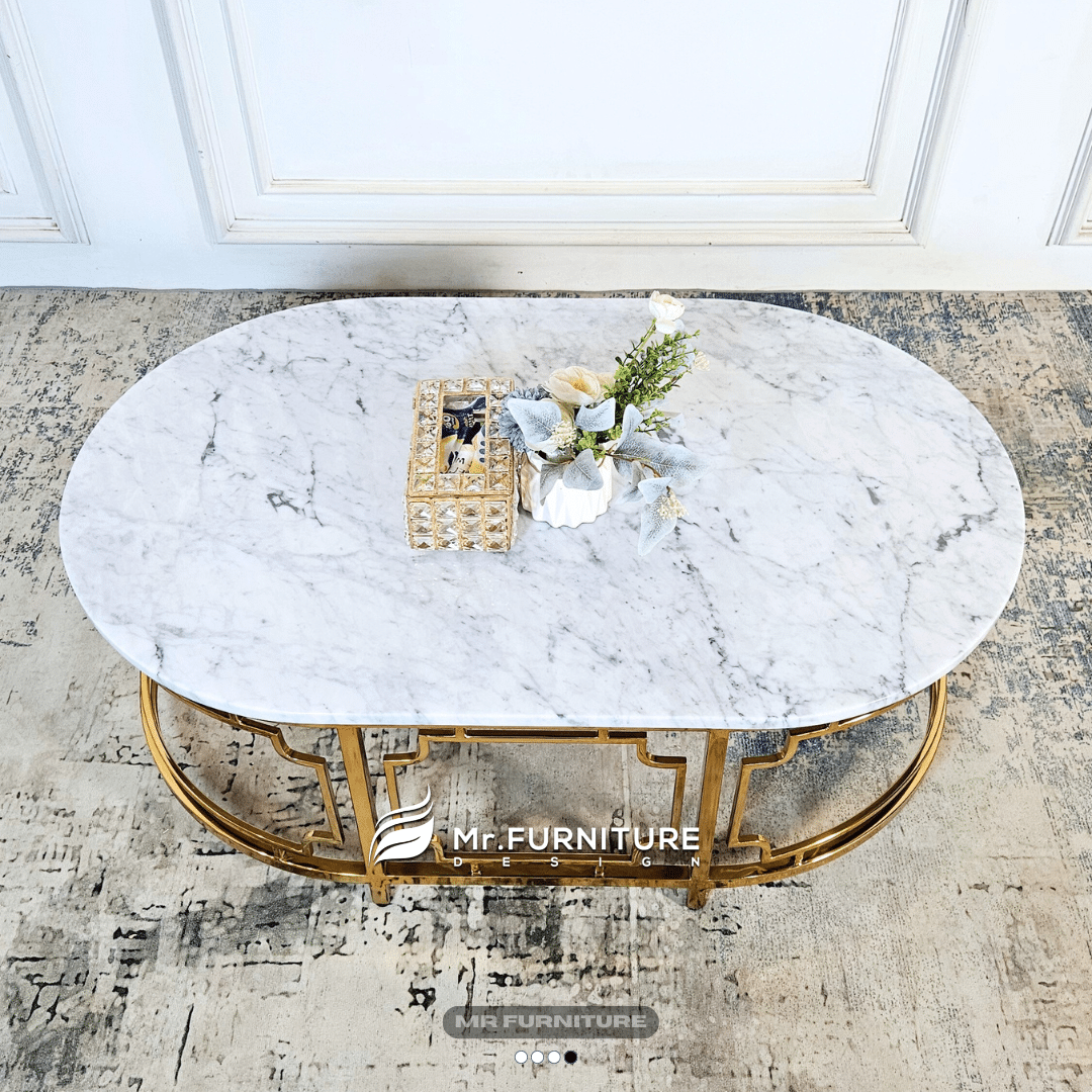 Meja Tamu Oval Klasik Marmer Putih Carrara, Tamu Meja Stainless Gold ...