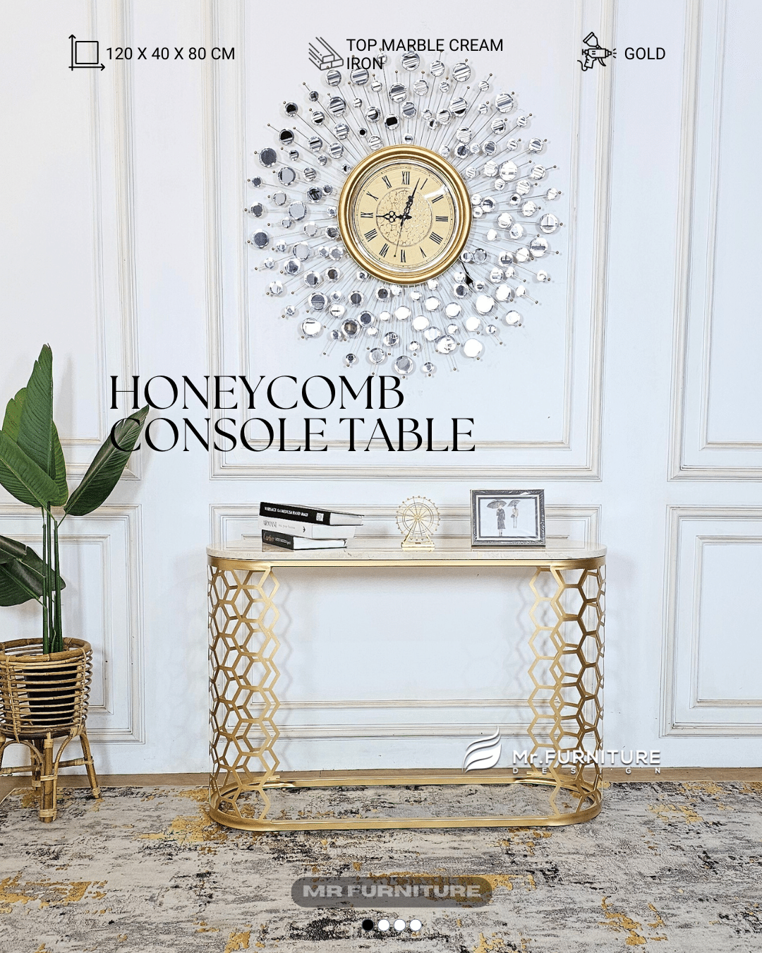 Konsul Table Aesthetic Honeycomb Marmer Krem, Meja Tamu Konsul Besi ...