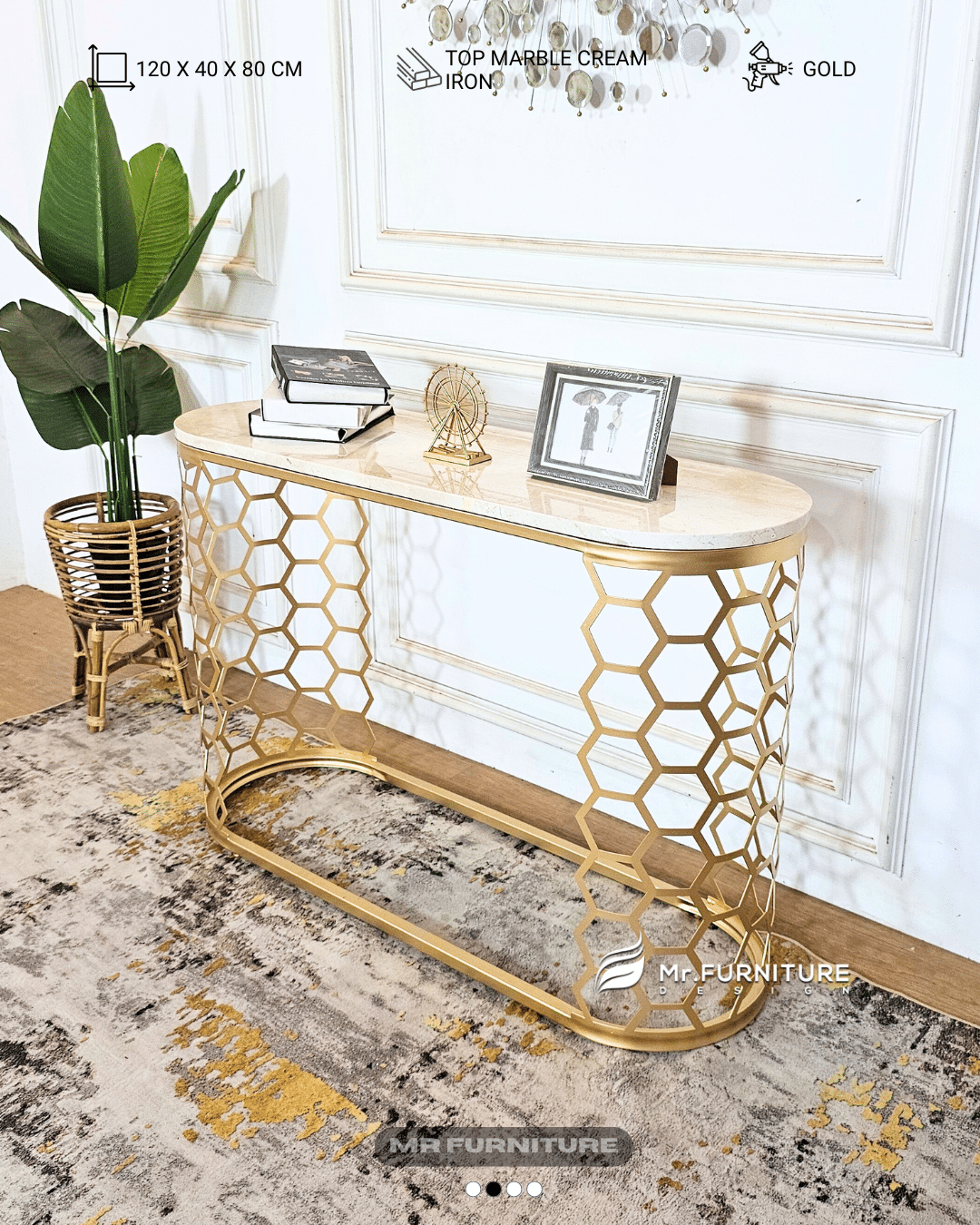 Konsul Table Aesthetic Honeycomb Marmer Krem, Meja Tamu Konsul Besi ...