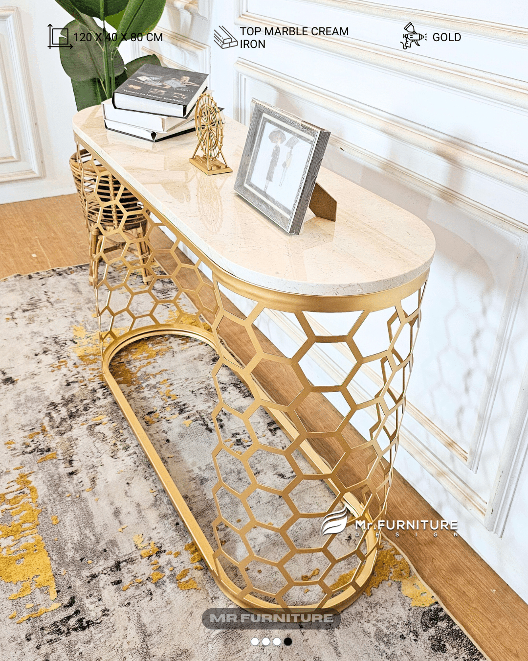 Konsul Table Aesthetic Honeycomb Marmer Krem, Meja Tamu Konsul Besi ...