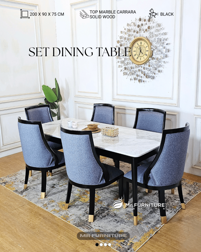 Meja Makan Set Kayu Hitam Marmer Putih Karrara Modern, 200x90x75 Cm Set ...