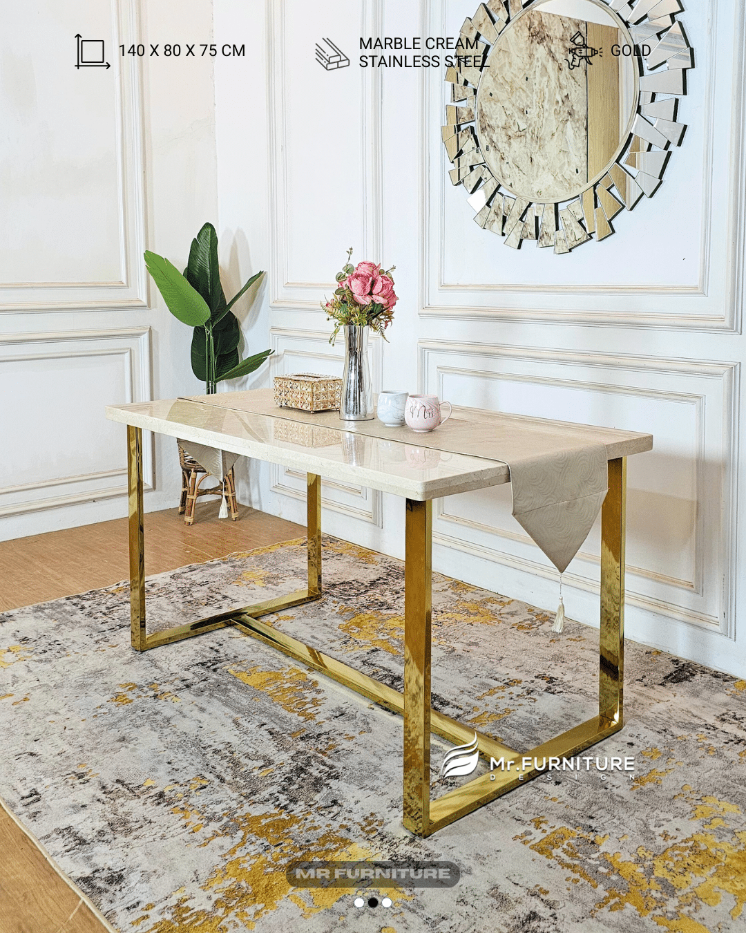 Dining Table Top Marmer Cream Stainless Steel Gold 140 x 80 x 75 Cm ...