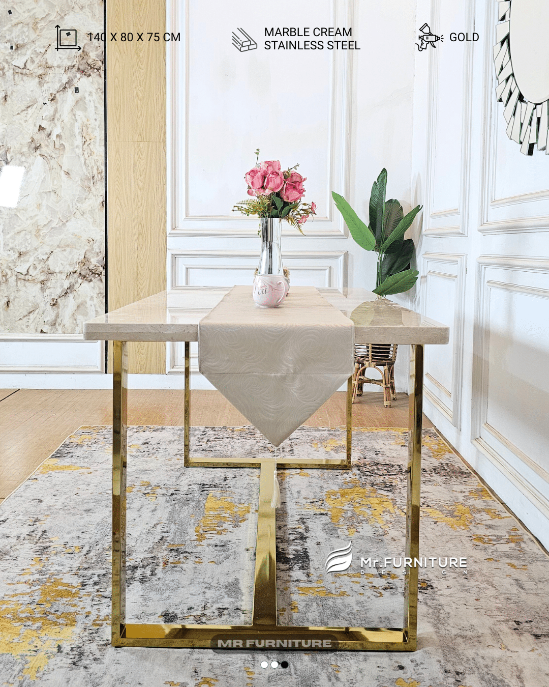 Dining Table Top Marmer Cream Stainless Steel Gold 140 x 80 x 75 Cm ...