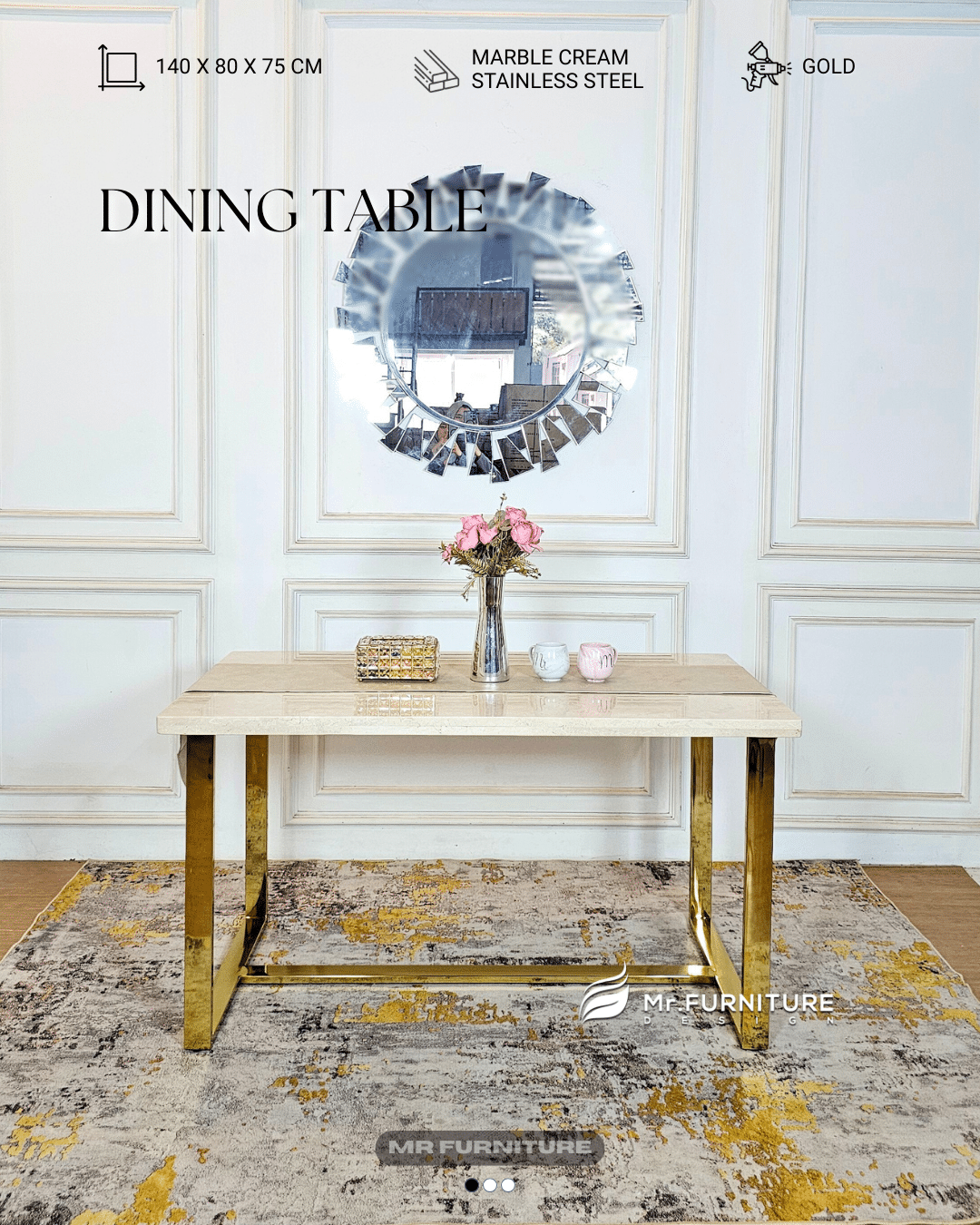 Dining Table Top Marmer Cream Stainless Steel Gold 140 x 80 x 75 Cm ...