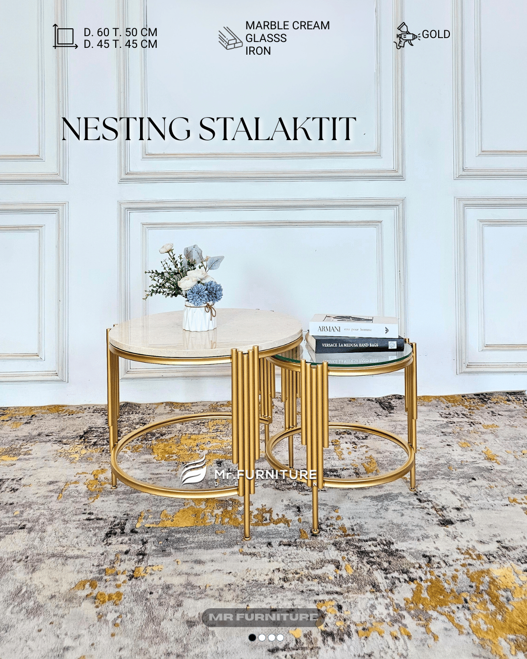 Meja Tamu Nesting Marmer dan Kaca, Nesting Coffe Table Bulat Besi Gold ...