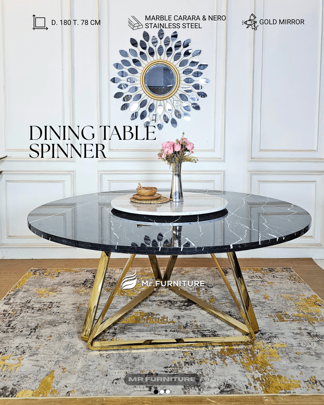 Round Spinner Dining Table Top Marmer Black Nero Mix Carrara Stainless ...