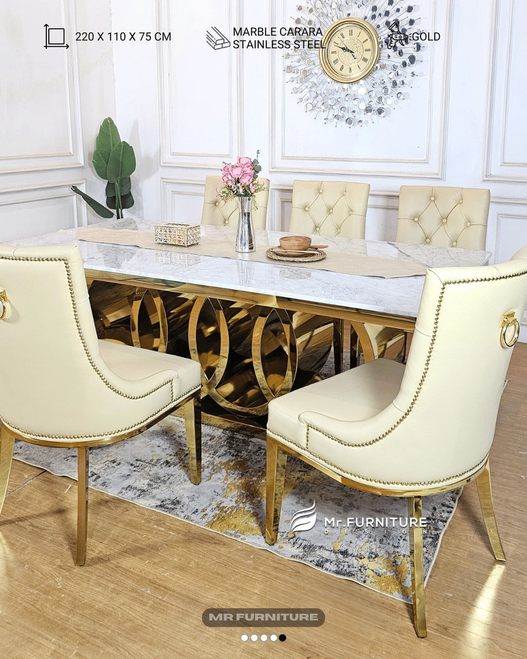 Audi Set Dining Table Top Marmer Carrara Stainless Steel Gold 220 x 110 ...
