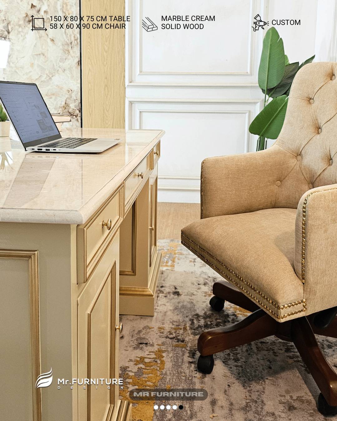 Desk Table Kayu Mewah Kursi Putar Kancing Warna Krem, Meja Kerja Set ...