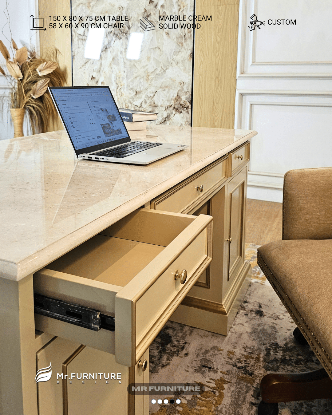 Desk Table Kayu Mewah Kursi Putar Kancing Warna Krem, Meja Kerja Set ...